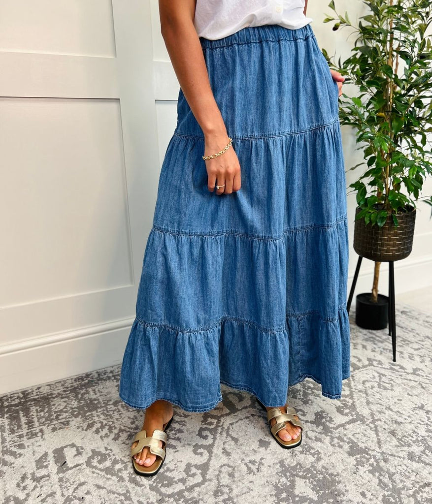 Denim Tiered Midi Skirt – Highstreet Outlet UK