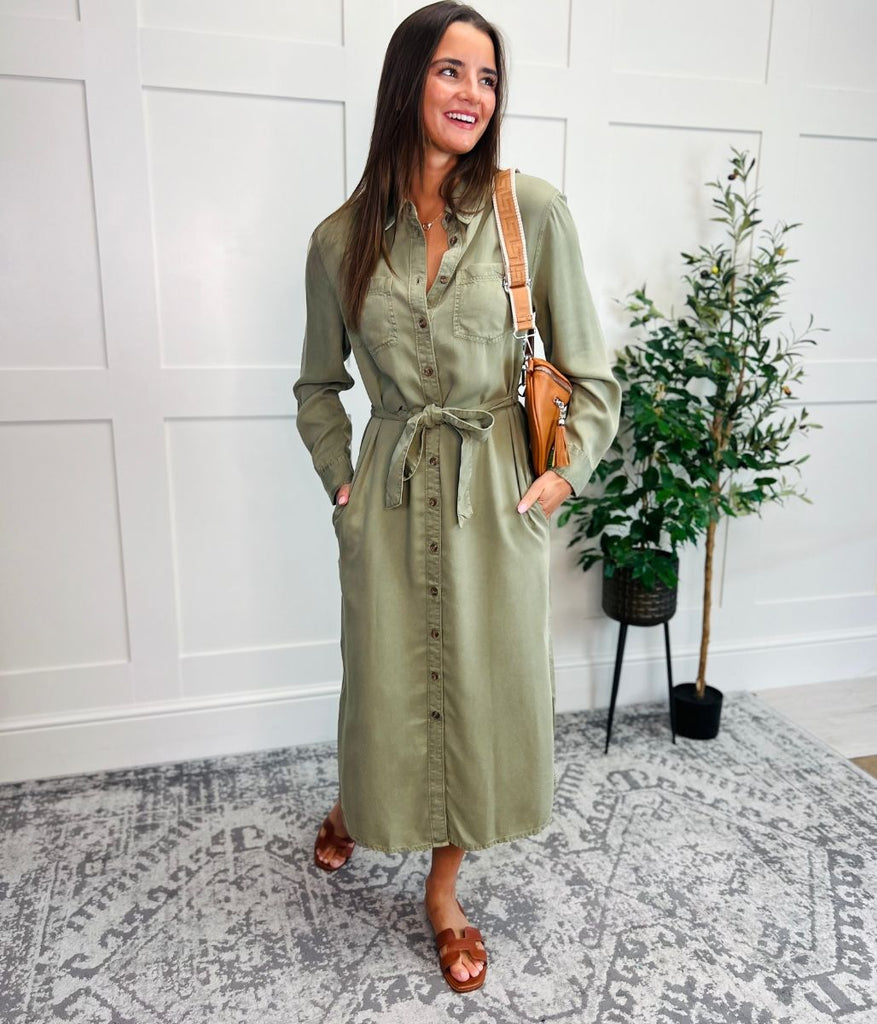 Khaki Tencel Belted Midi Shirt Dress – Highstreet Outlet UK
