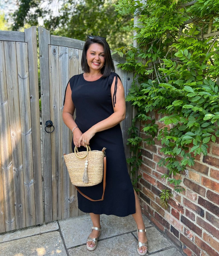 Black Ribbed Tie Shoulder Midi Dress – Highstreet Outlet UK