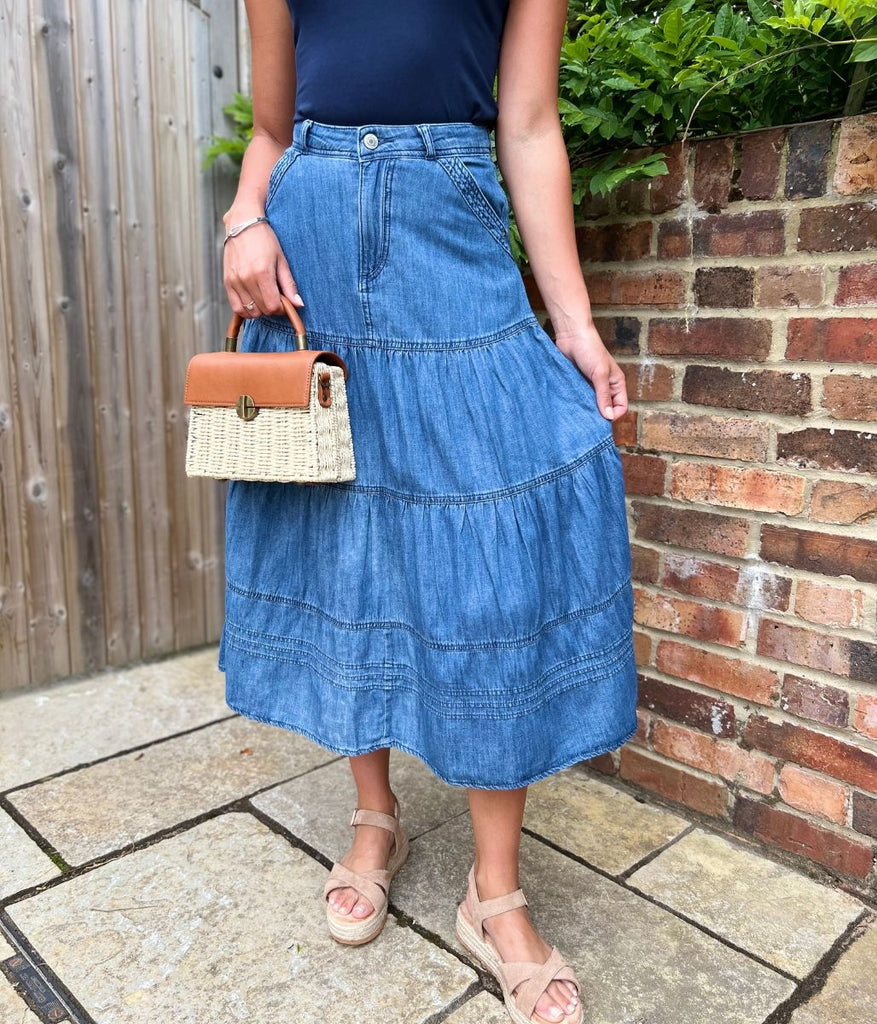 Denim Tiered Midi Skirt – Highstreet Outlet UK