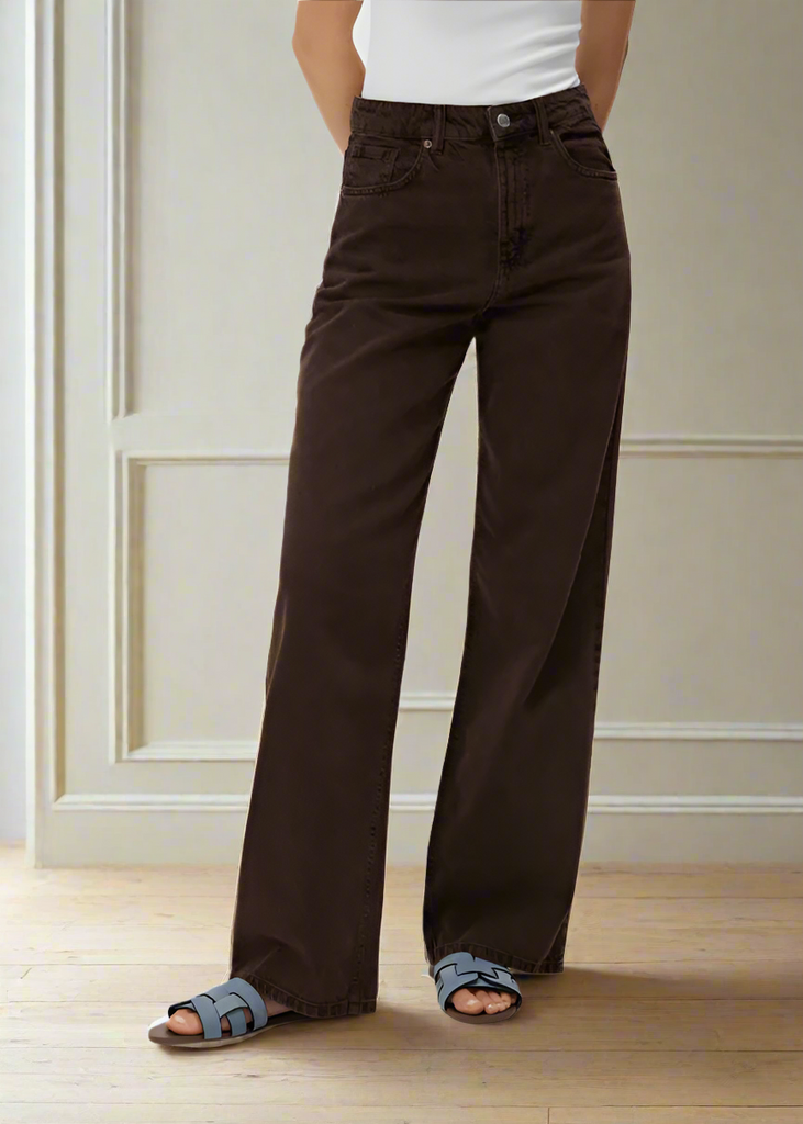 Chocolate Brown Denim Wide Leg Jeans Highstreet Outlet Uk