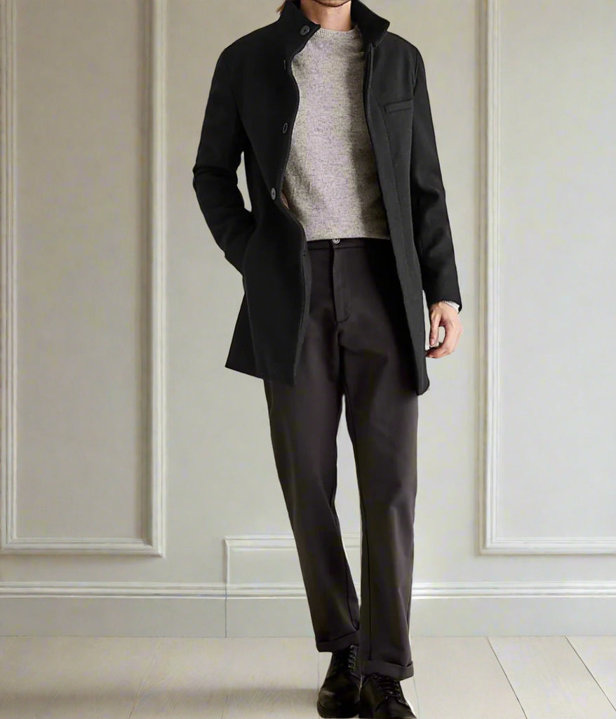 Mens Black Funnel Neck Overcoat – Highstreet Outlet UK